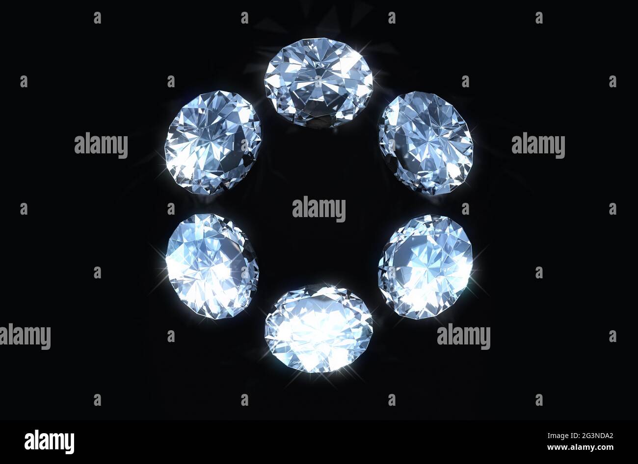 A close up view of a circular array of cut diamonds on a black isolated ...