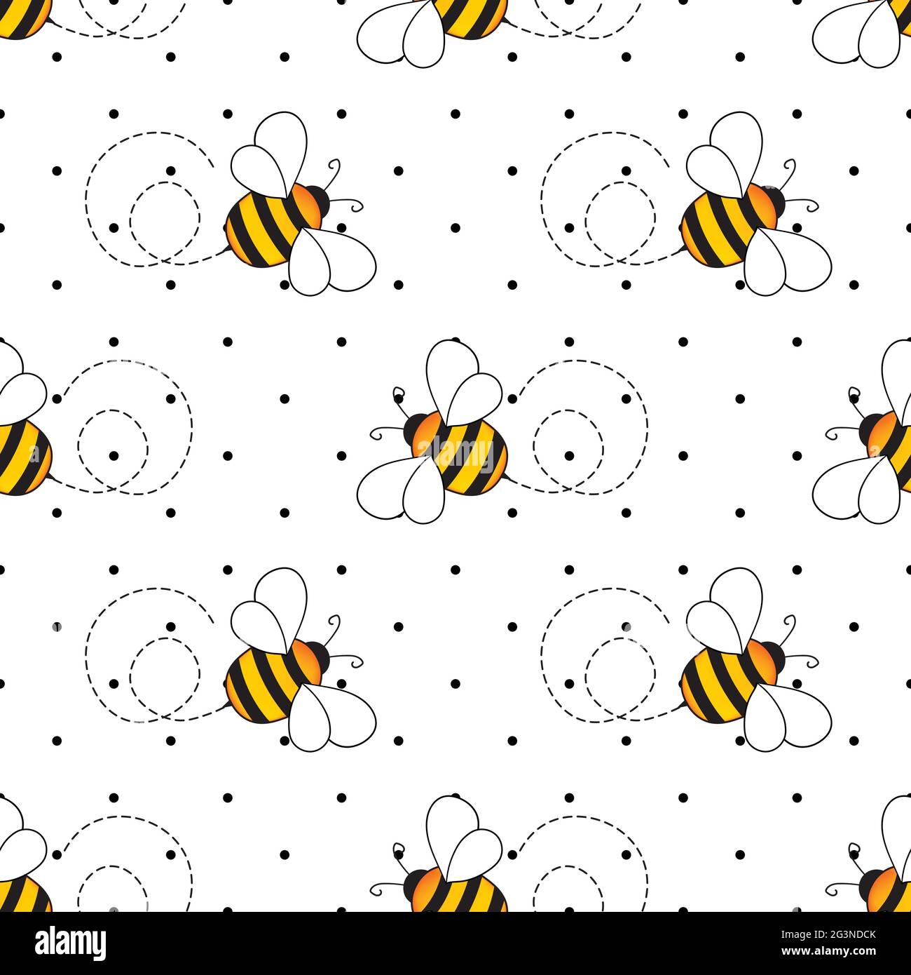Seamless pattern with bees on white polka dots background. Small wasp ...