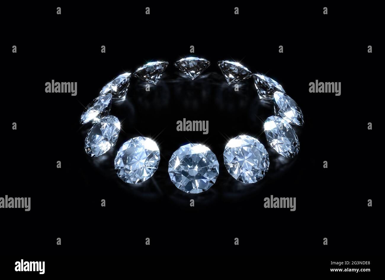 A close up view of a circular array of cut diamonds on a black isolated ...