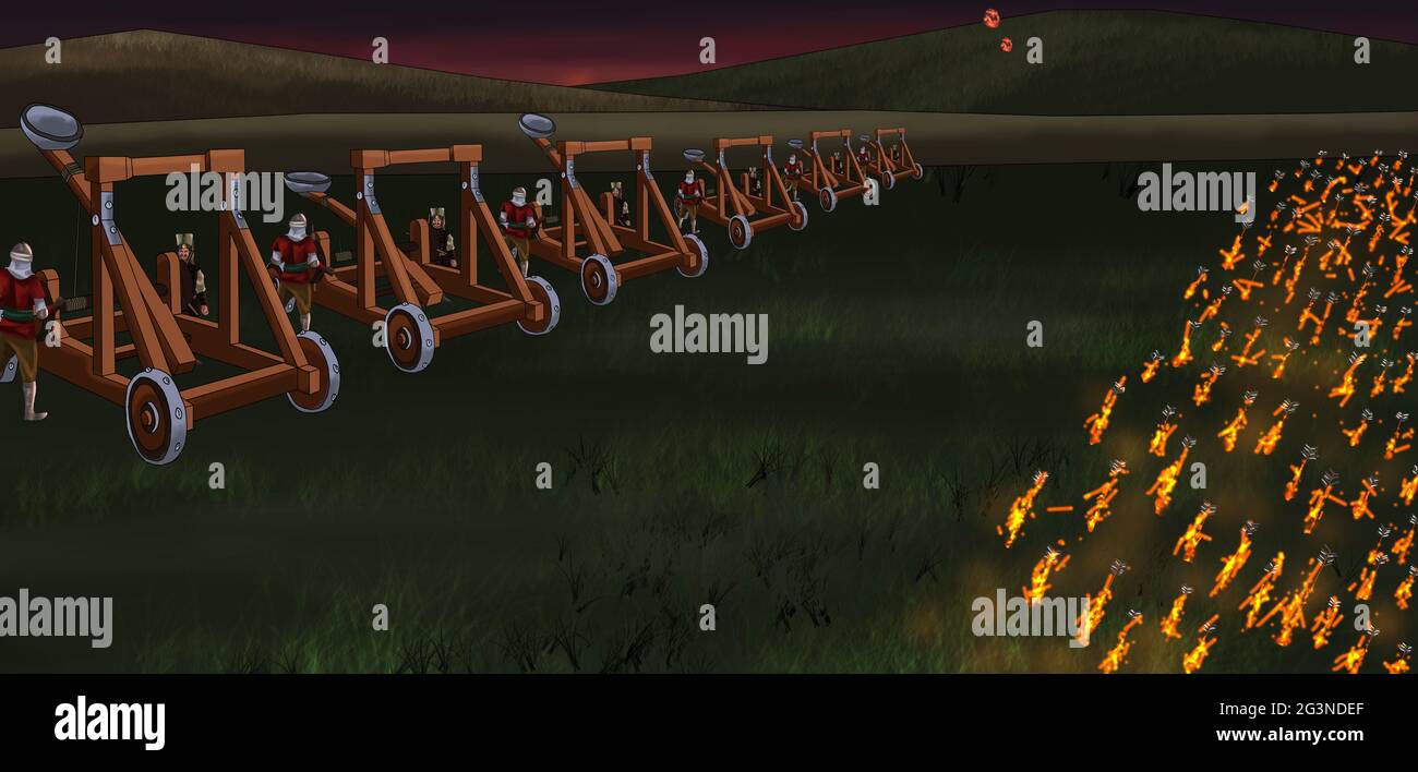 flaming arrows attacking catapults Stock Photo - Alamy
