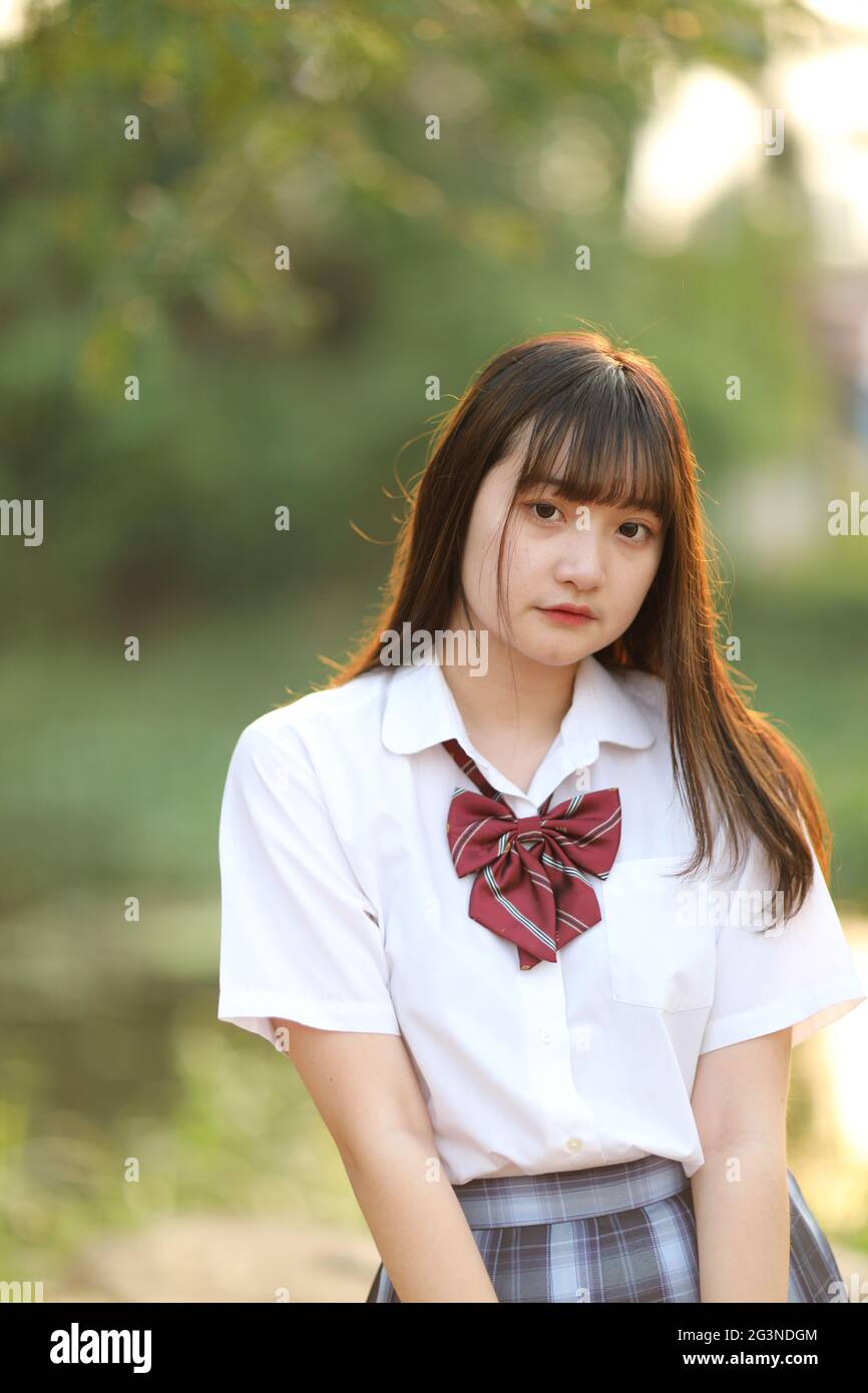 Beautiful Asian Japanese School Girl Uniform Looking At Park Outdoor 1576