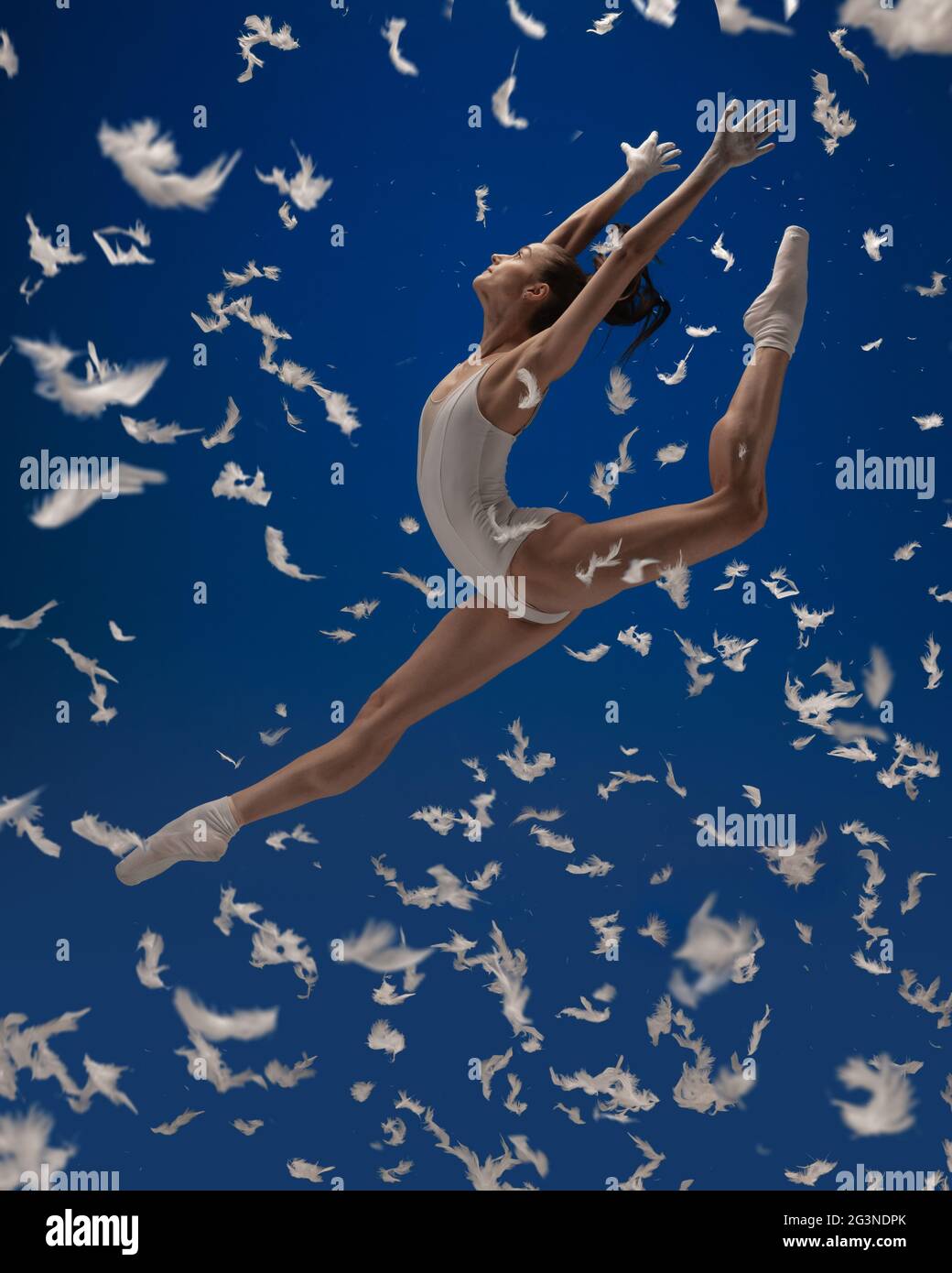 Soar like a bird. One young female ballet dancer flying isolated over ...
