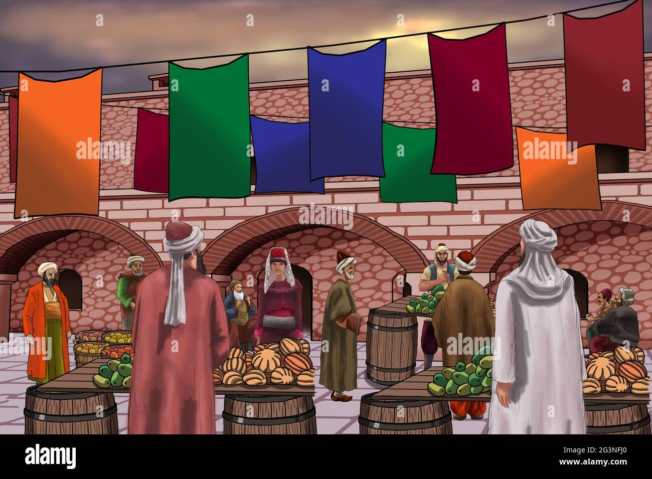 people shopping in old time market place Stock Photo - Alamy