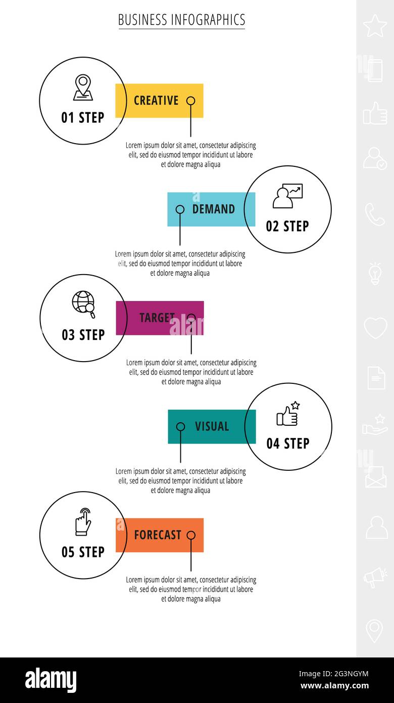 Thin line vector infographics with five circles and labels. Timeline template with 5 steps for ...