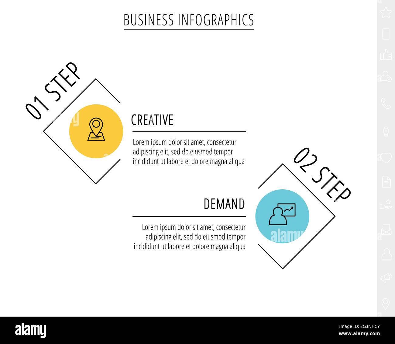 Thin line vector infographics with two circles and labels. Timeline template with 2 steps for ...