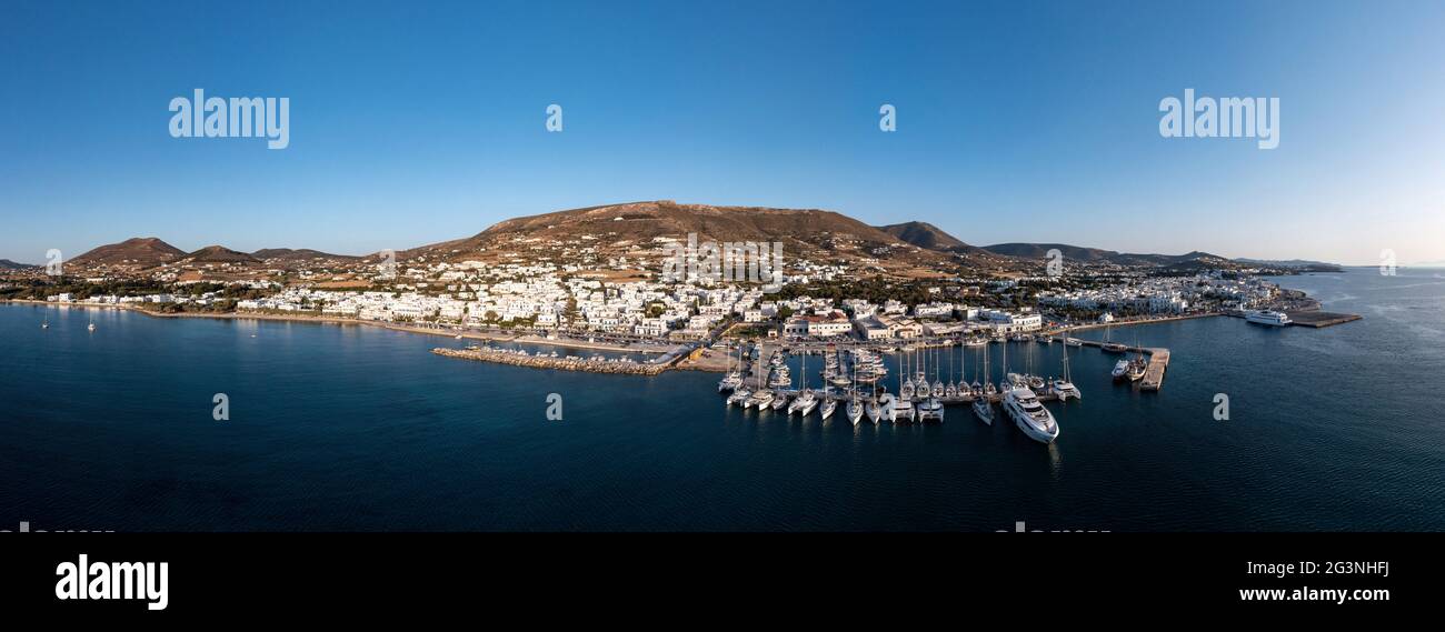 Paros island, Greece, Cyclades. Panoramic aerial drone view. Paroikia ...