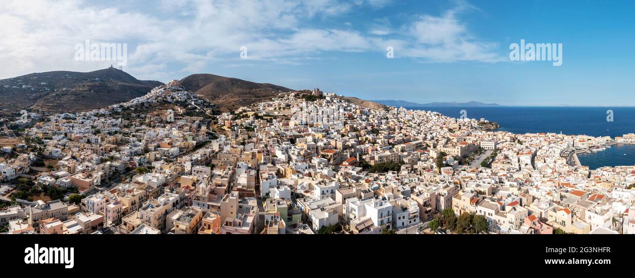 Syros island, Greece, Cyclades capital Ermoupolis cityscape panorama ...