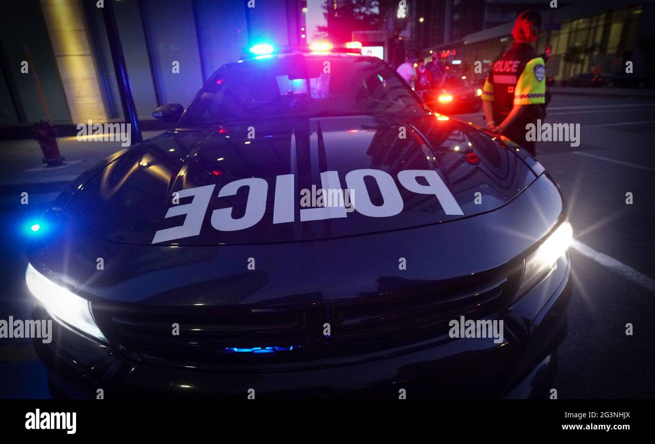 Montreal,Quebec,Canada,June 7, 2021.Close-up shot of a Montreal police ...