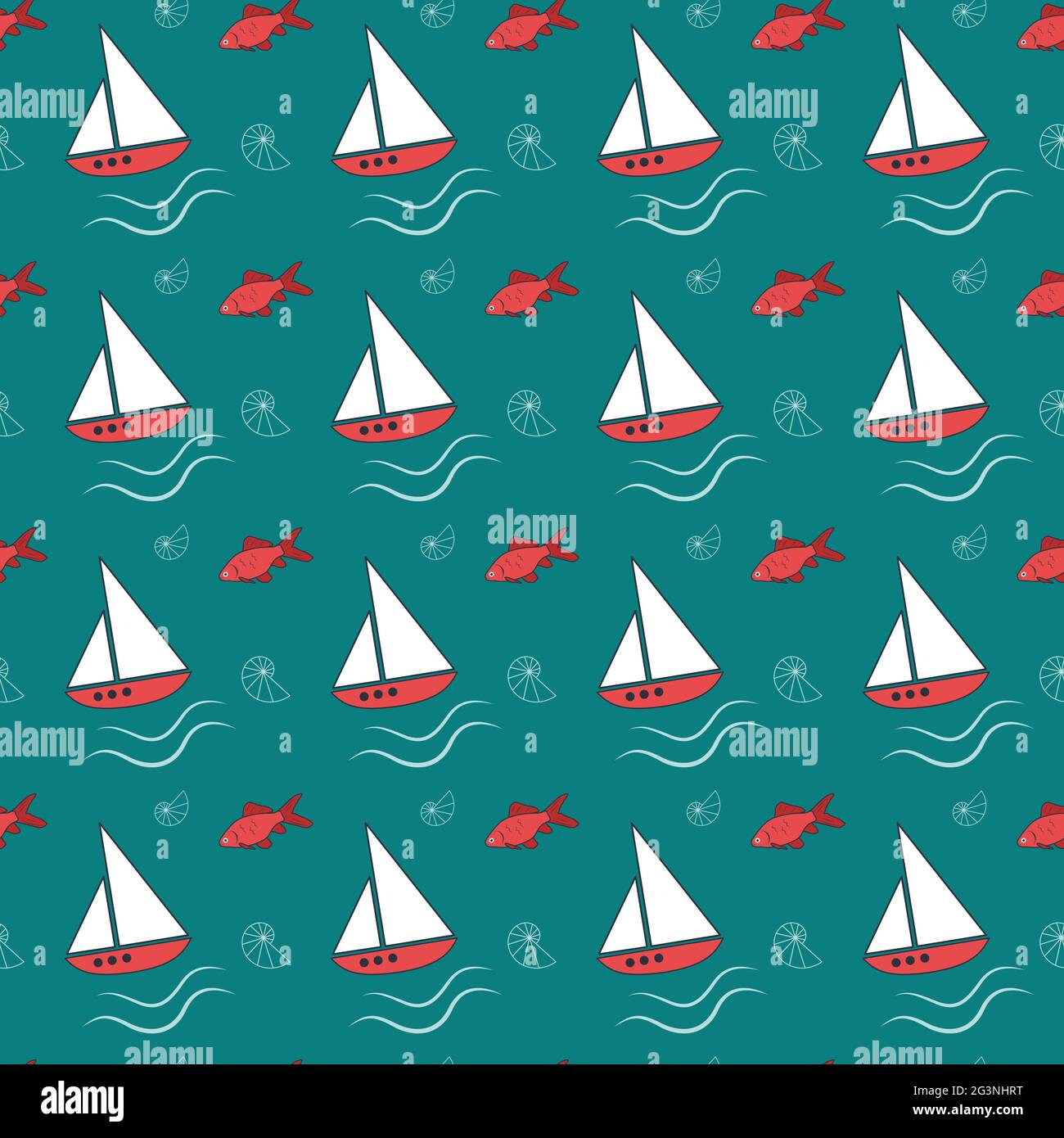 Summer sea pattern with ships, waves and fish on a blue background ...