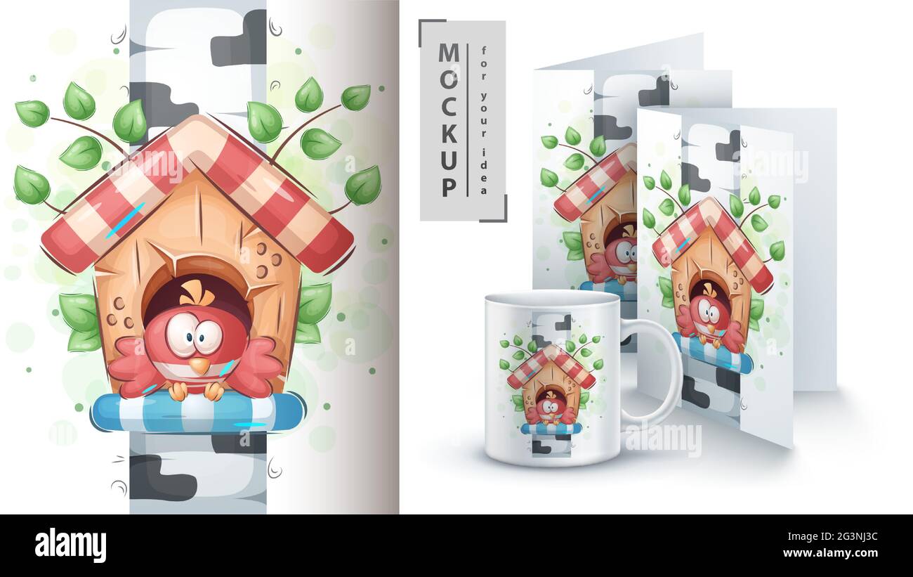 Bird in birdhouse - cute cartoon animal character Stock Vector Image ...