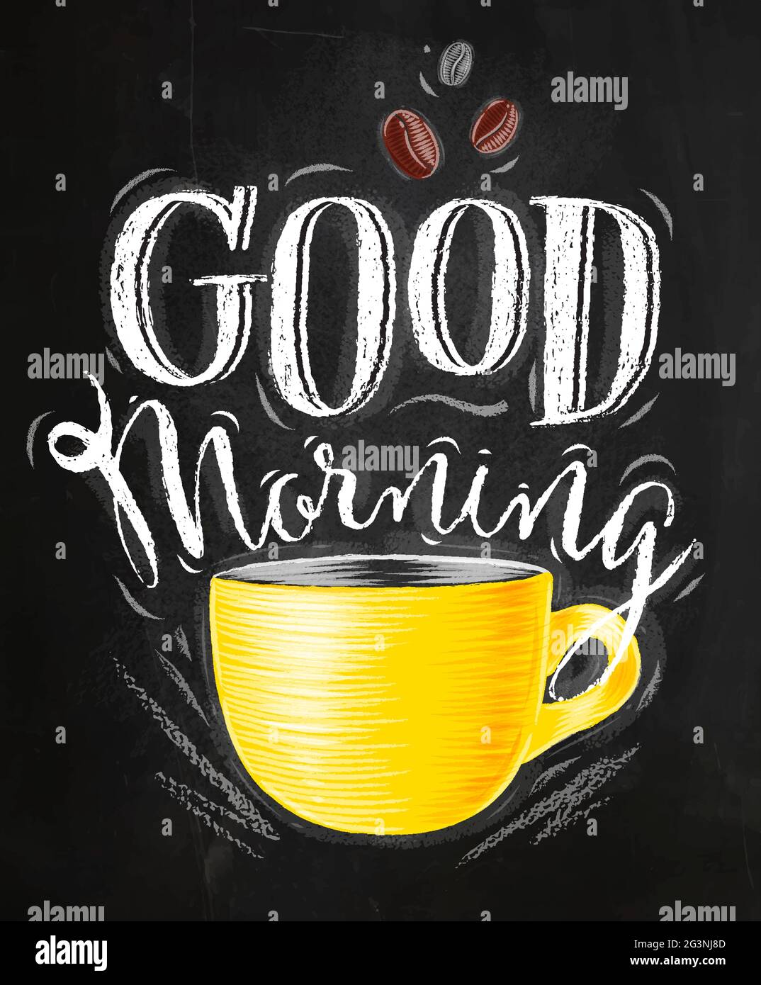 Poster with yellow cups of coffee lettering good morning drawing on ...