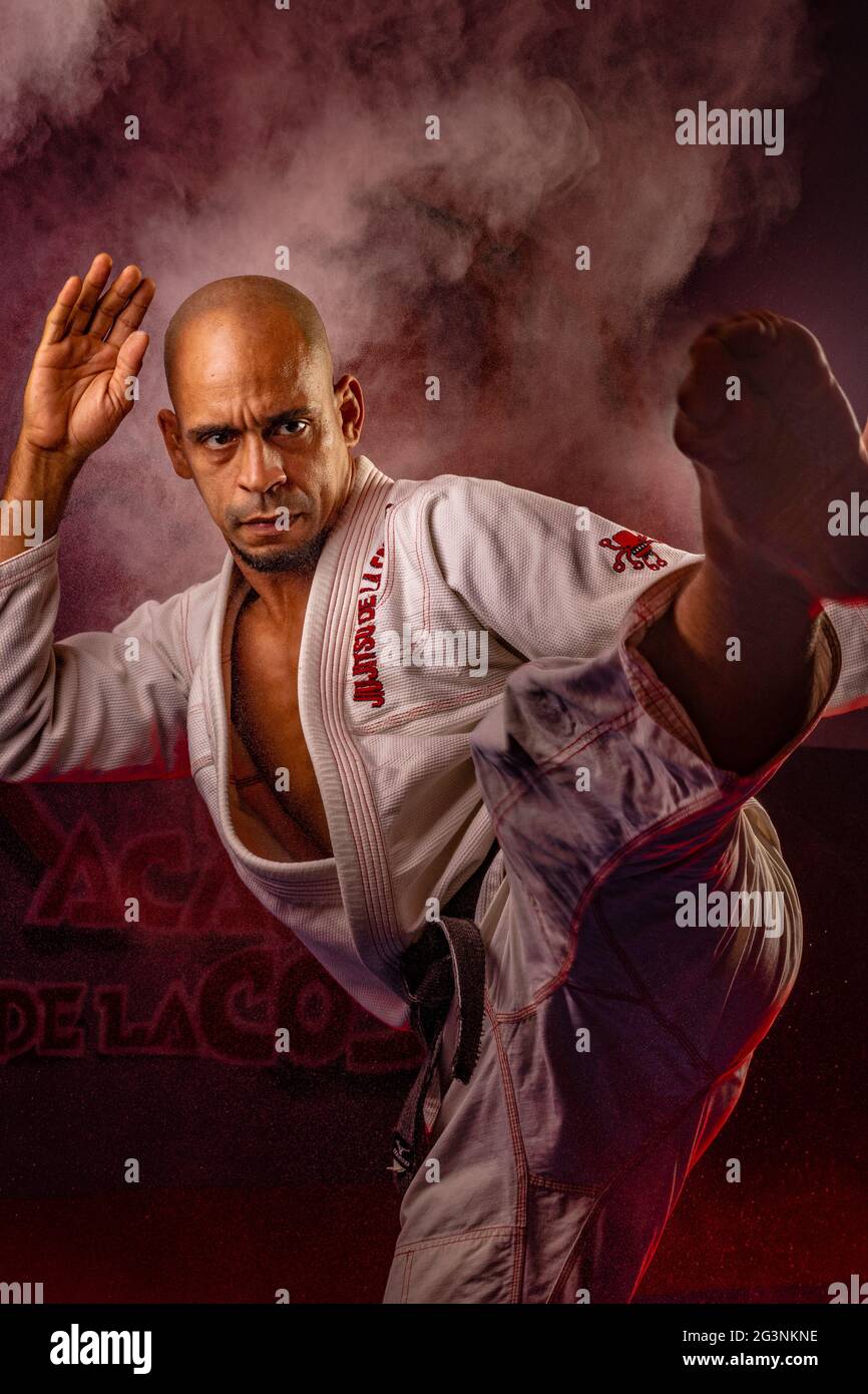 Vertical shot of a bald martial arts master posing in a dojo Stock ...