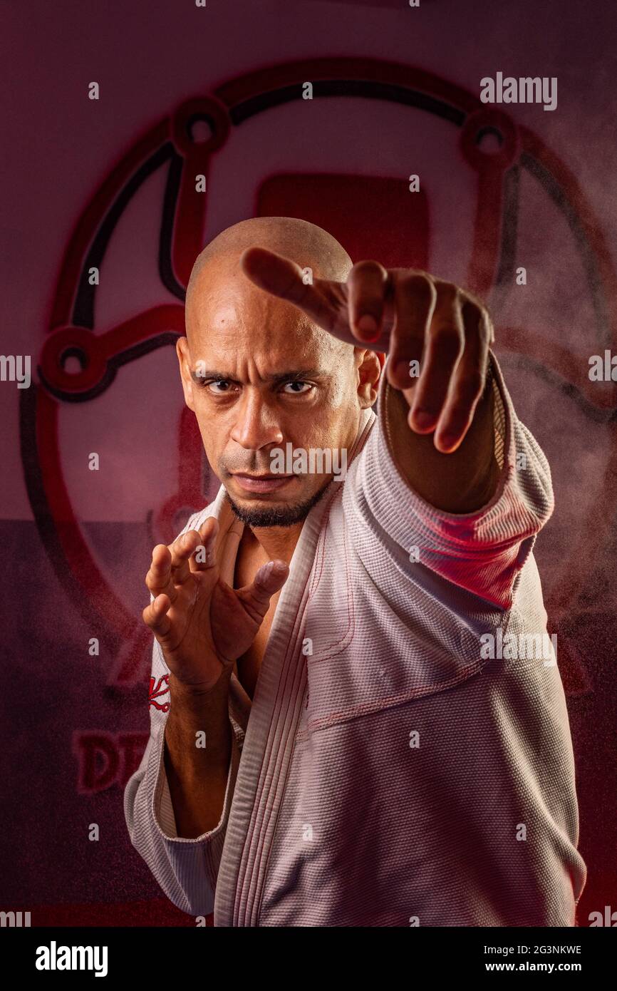 Vertical shot of a bald martial arts master posing in a dojo Stock ...