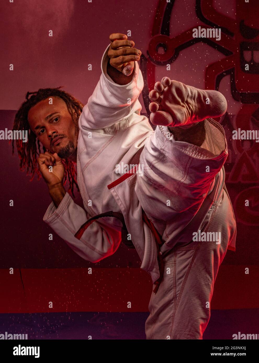 Vertical shot of a martial arts master with dreads posing while kicking ...