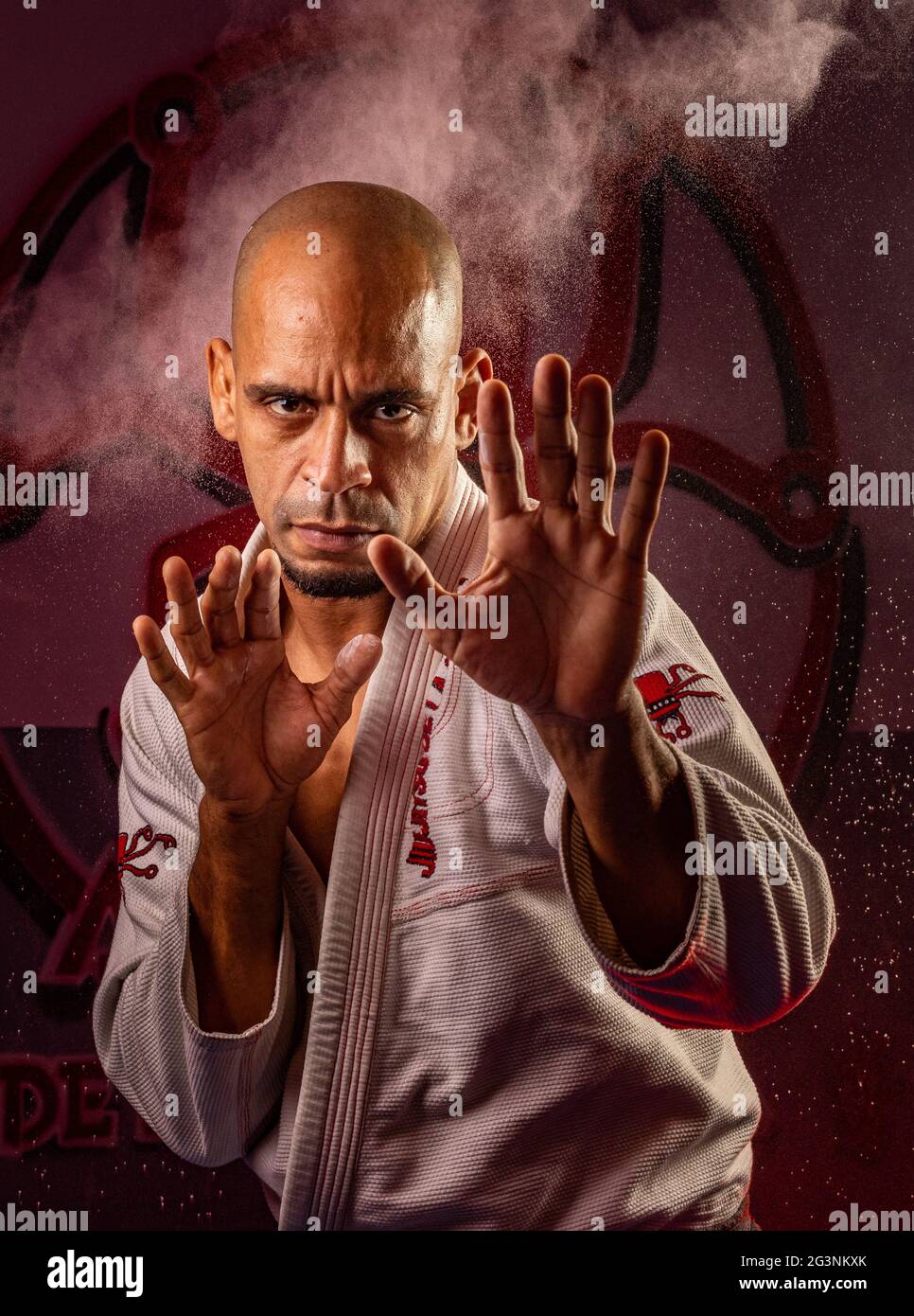 Vertical shot of a bald martial arts master posing in a dojo Stock ...