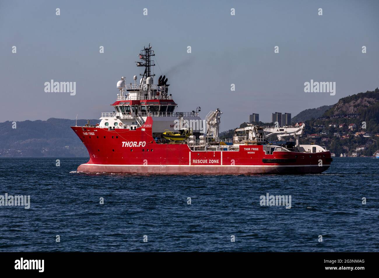 Offshore support and escort vessel Thor Frigg at Byfjorden, off port of ...