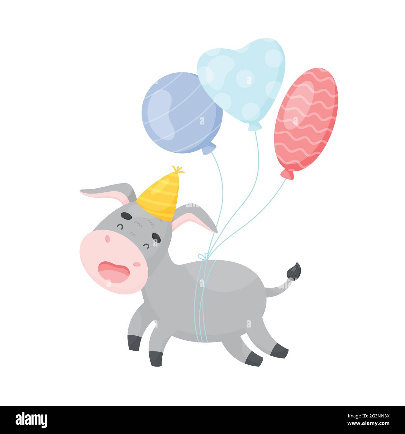 Cute cartoon donkey character with air balloons. Birthday card. vector ...
