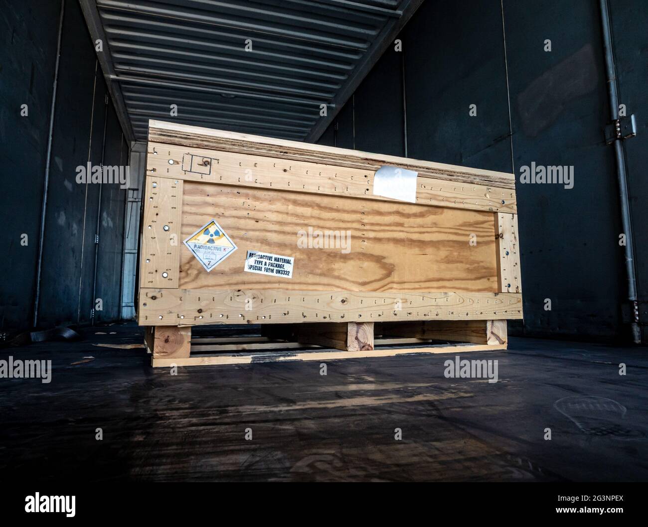 Radioactive material label beside the transportation wooden box Type A ...