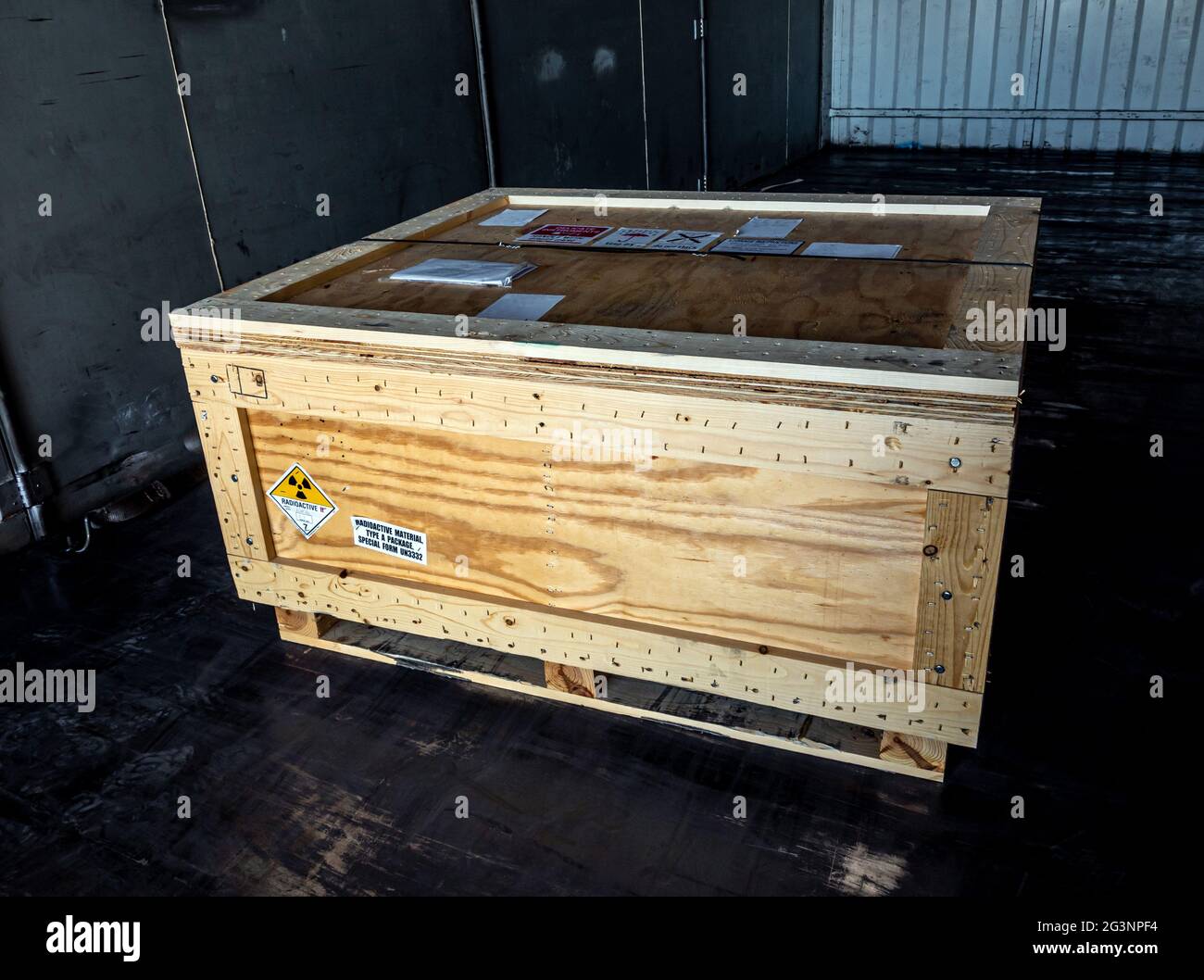 Radioactive material label beside the transportation wooden box Type A ...