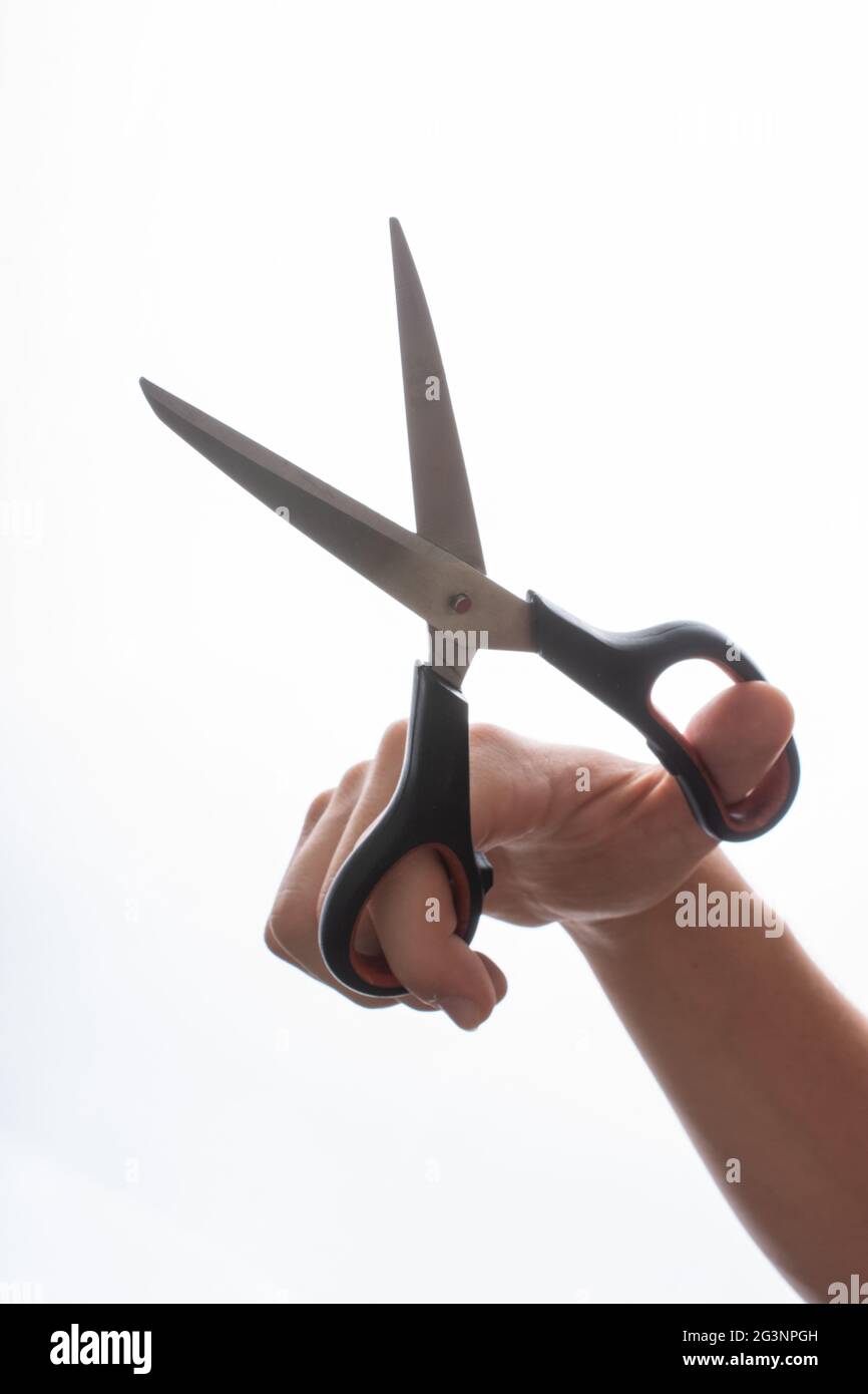 Hand holding scissors on a white backgruond Stock Photo - Alamy