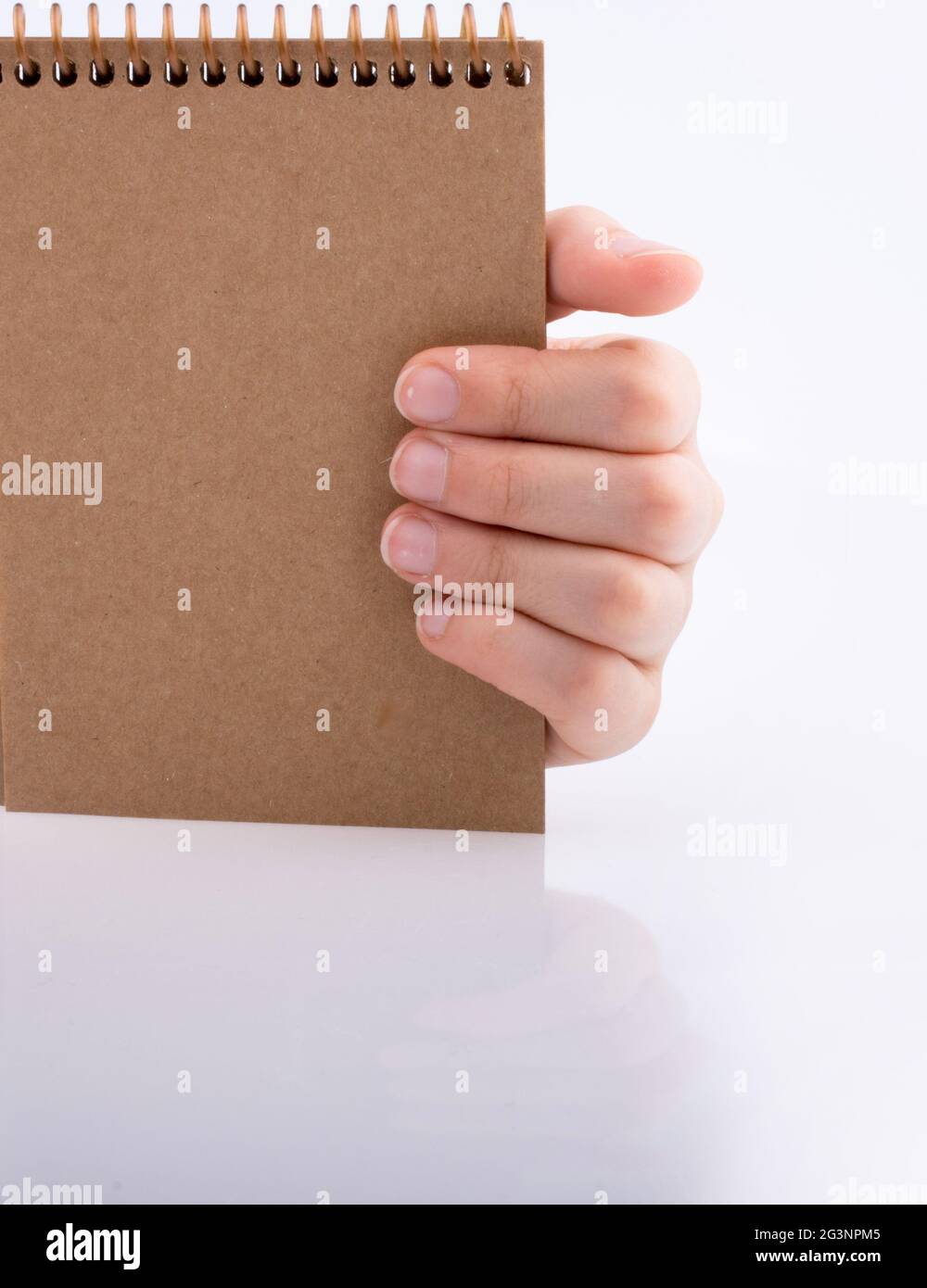 Hand holding a brown color notebook Stock Photo - Alamy