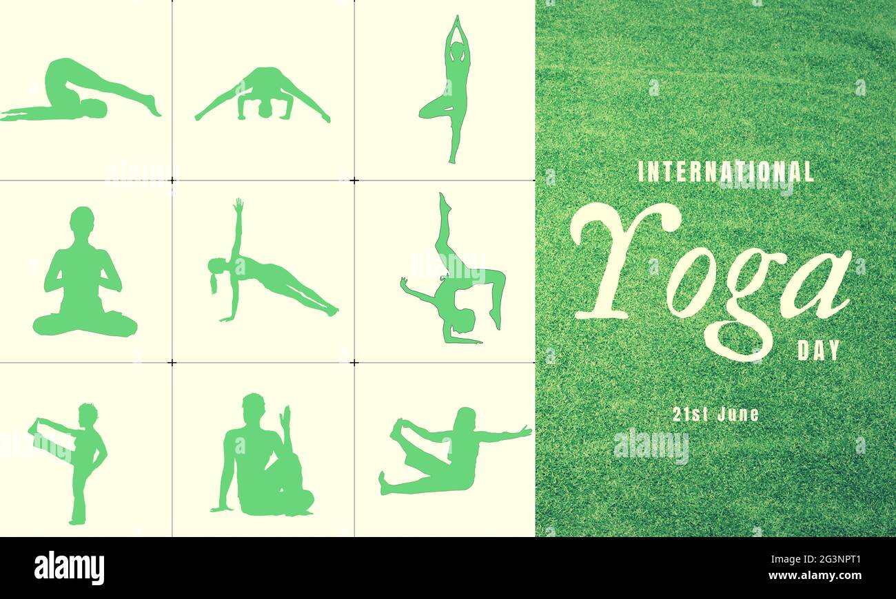 International Yoga Day on 21st June. Silhouette of woman and man doing ...