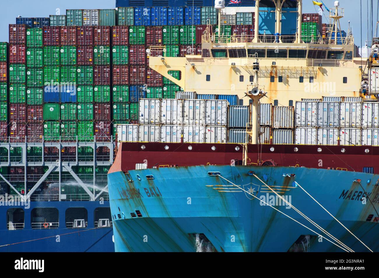 Container ship's loading operations at the port of Southampton - August ...