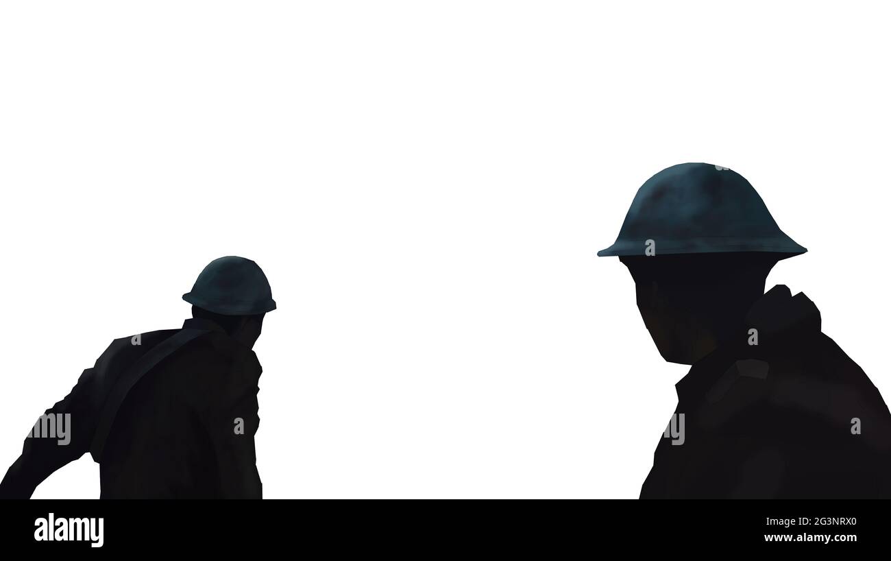 photos taken from behind of two soldiers facing the direction of danger ...