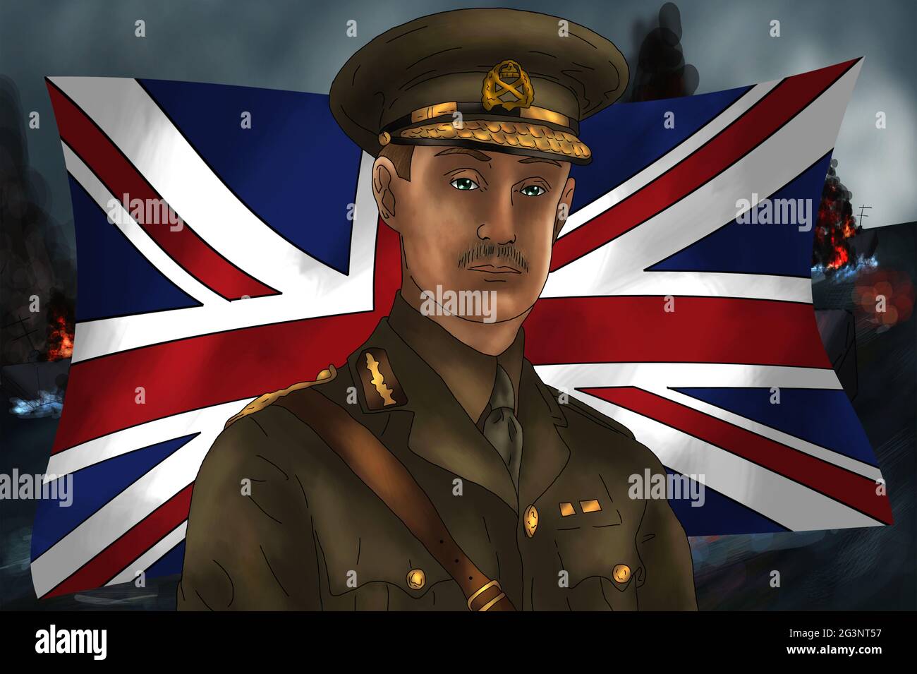 british commander on england flag background Stock Photo - Alamy