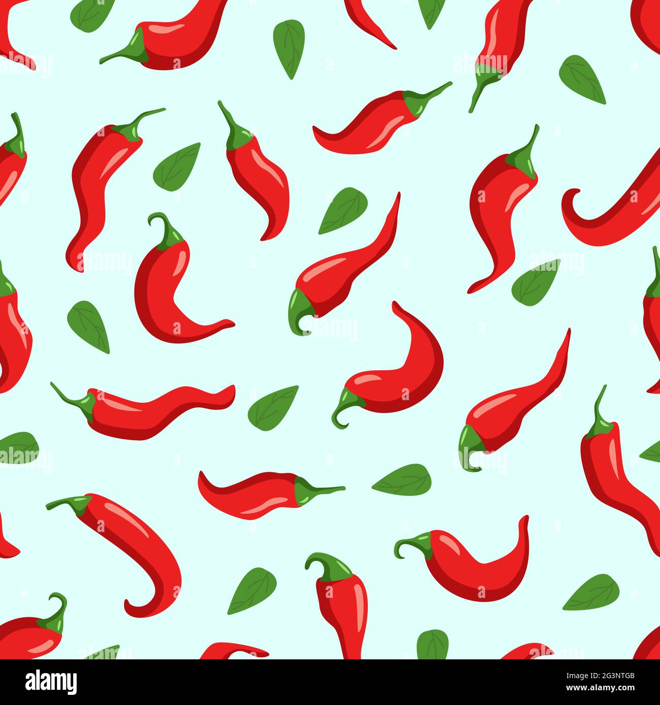 Seamless pattern of red hot chili peppers and green leaves. Vector ...
