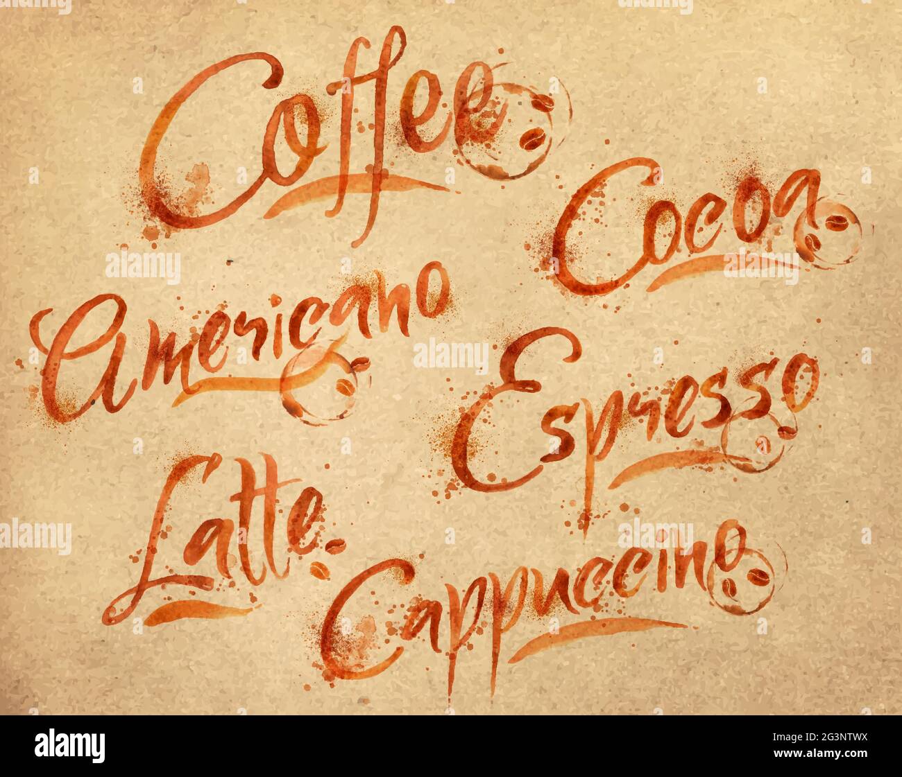 Drawn names of different kinds of coffee, latte, cappuccino, americano ...