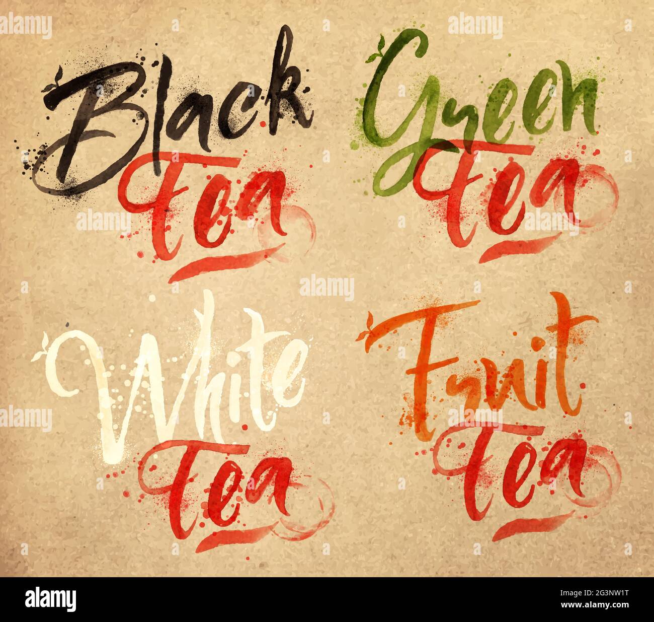 Drawn names of different kinds of tea, black, green, white, fruit drops ...