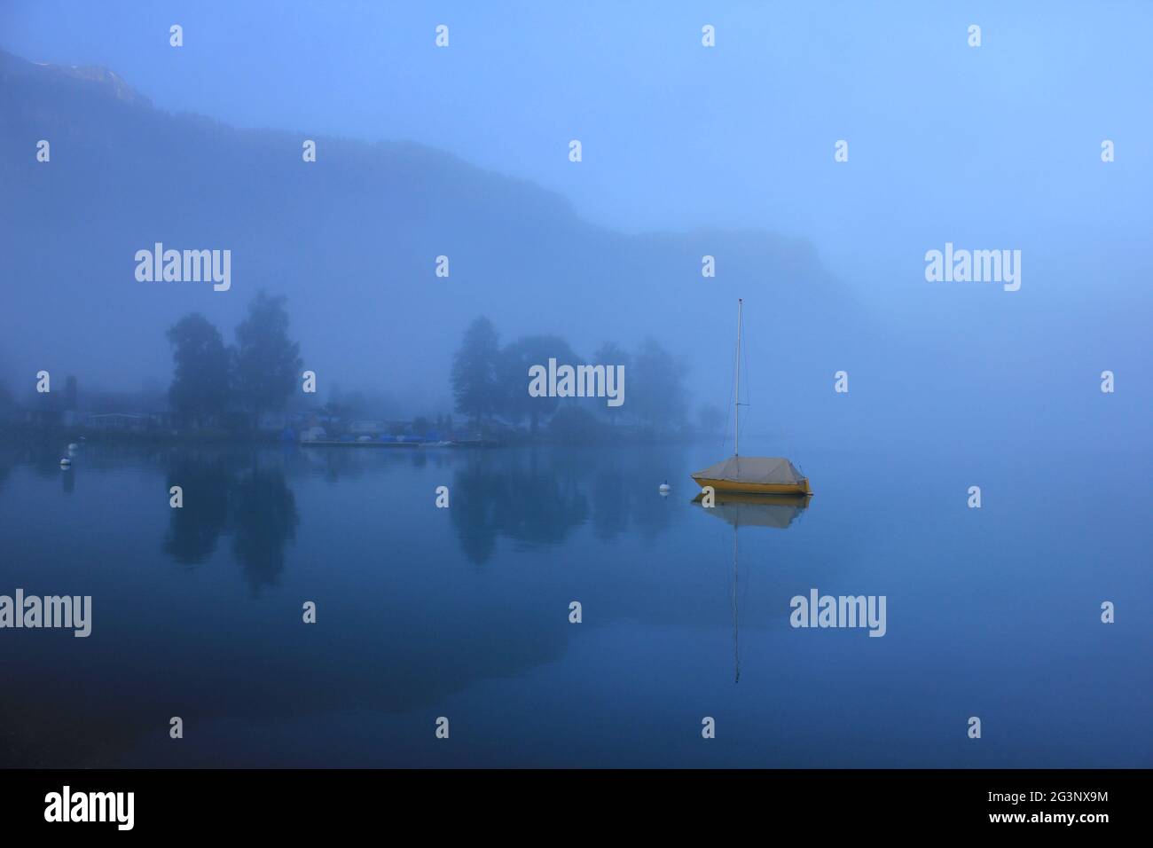 Misty summer morning at Lake Brienz, Switzerland Stock Photo - Alamy