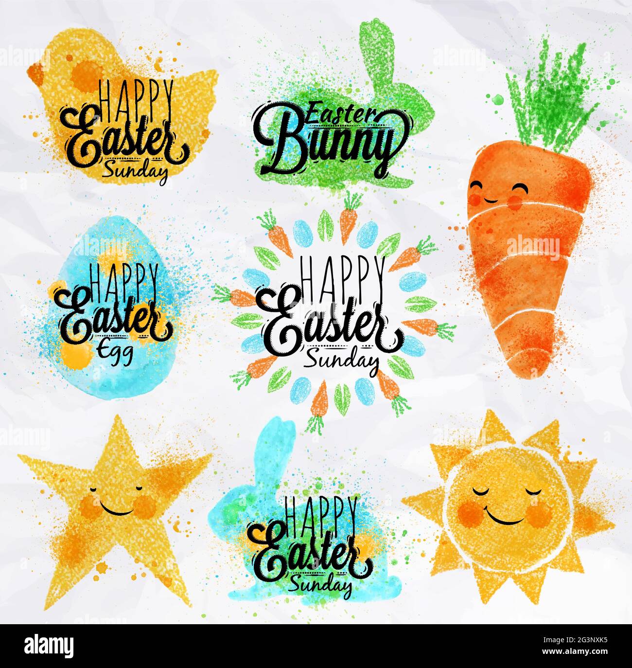 Happy easter symbols painted pastel colored stylized kids style, sun ...