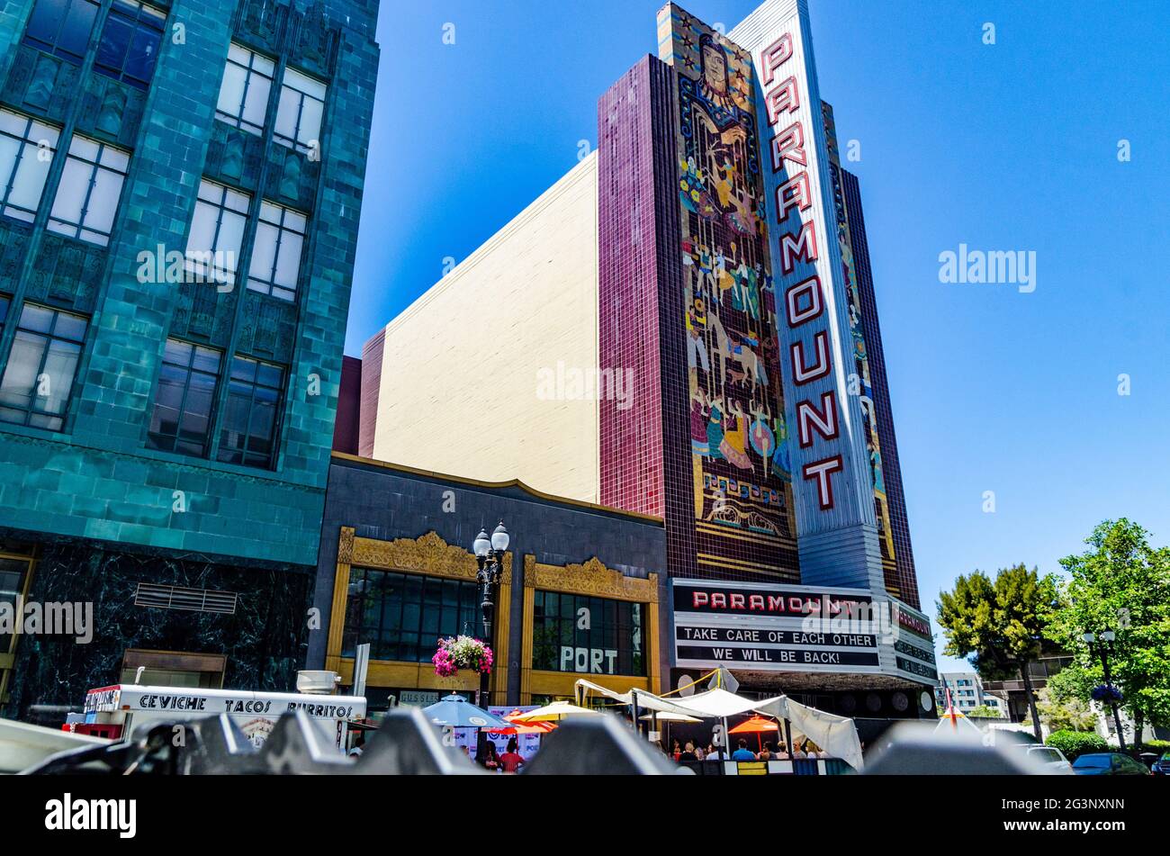 The Paramount Theater and neighboring restaurant with temporary outdoor ...