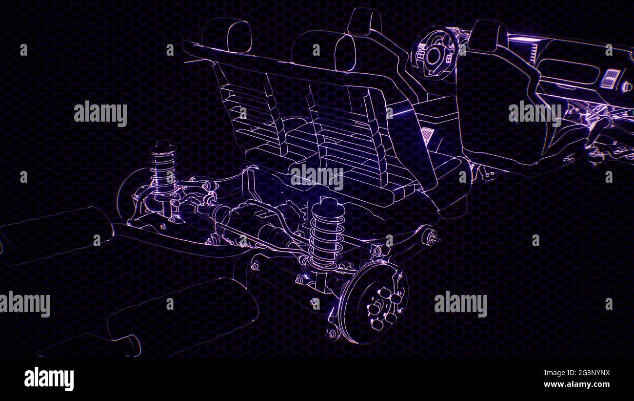 Holographic animation of 3D wireframe car model with engine Stock Photo ...