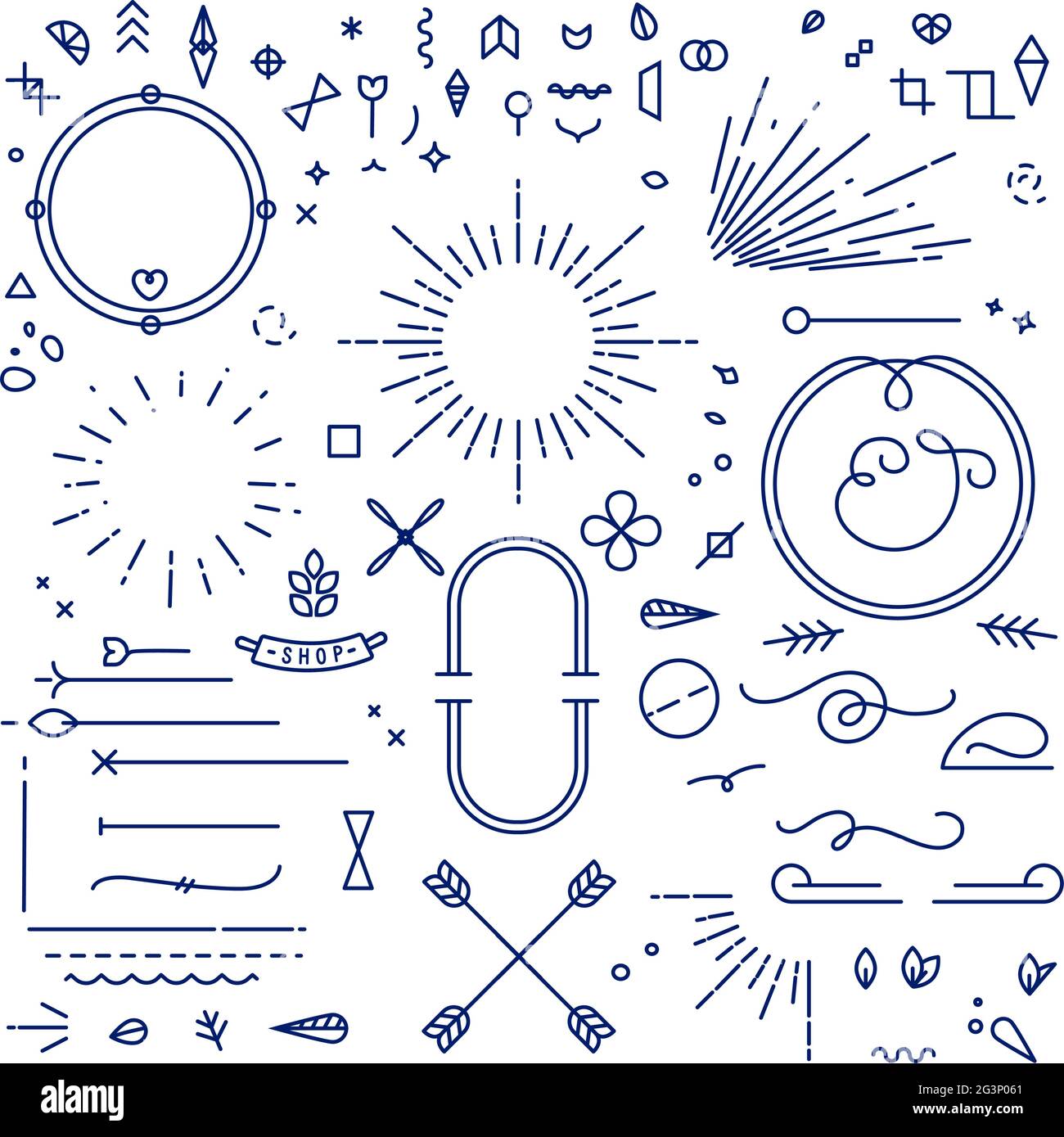 Flat design elements in vintage style drawing with blue lines on white ...