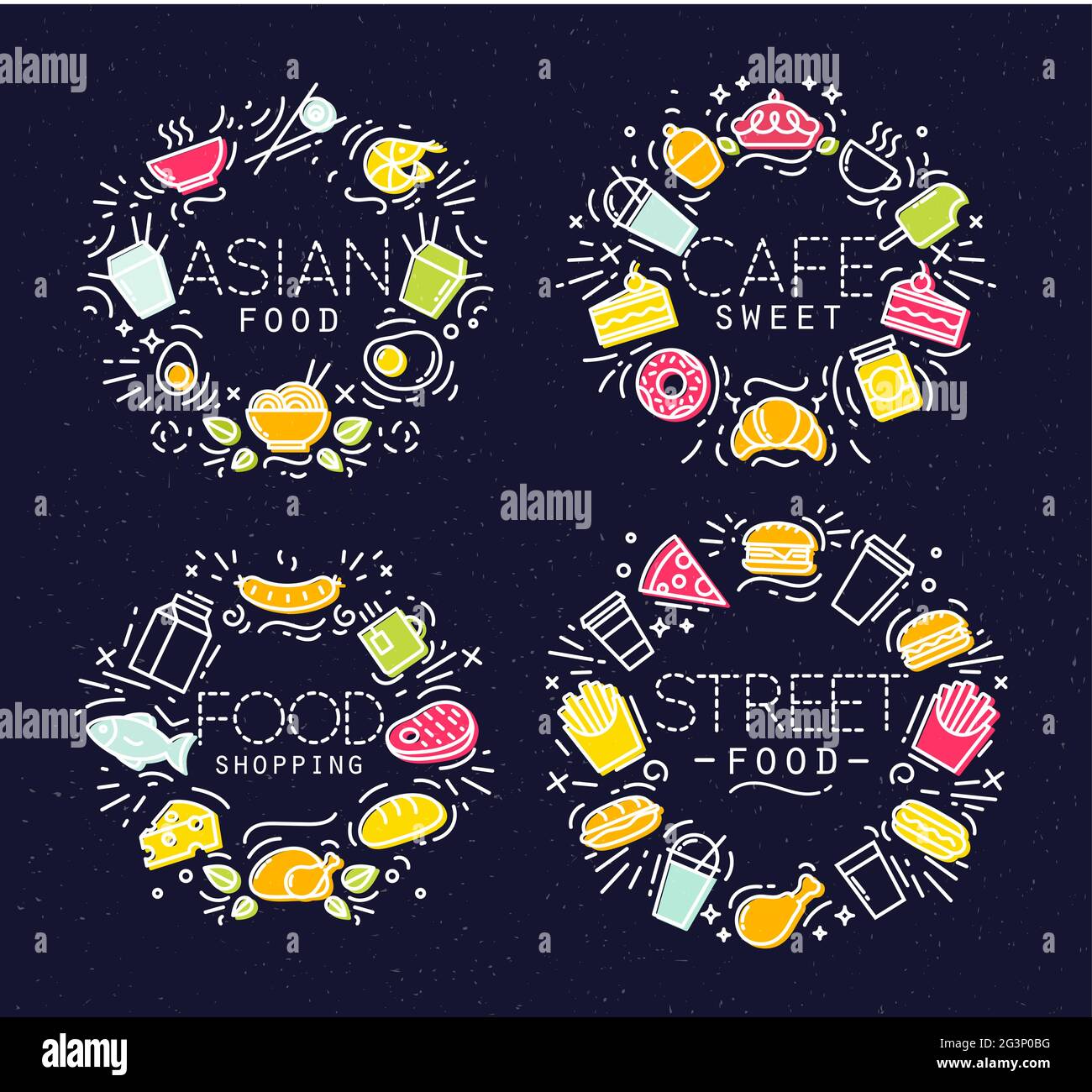 Food flat monogram in vintage style drawing with grey lines on dark ...