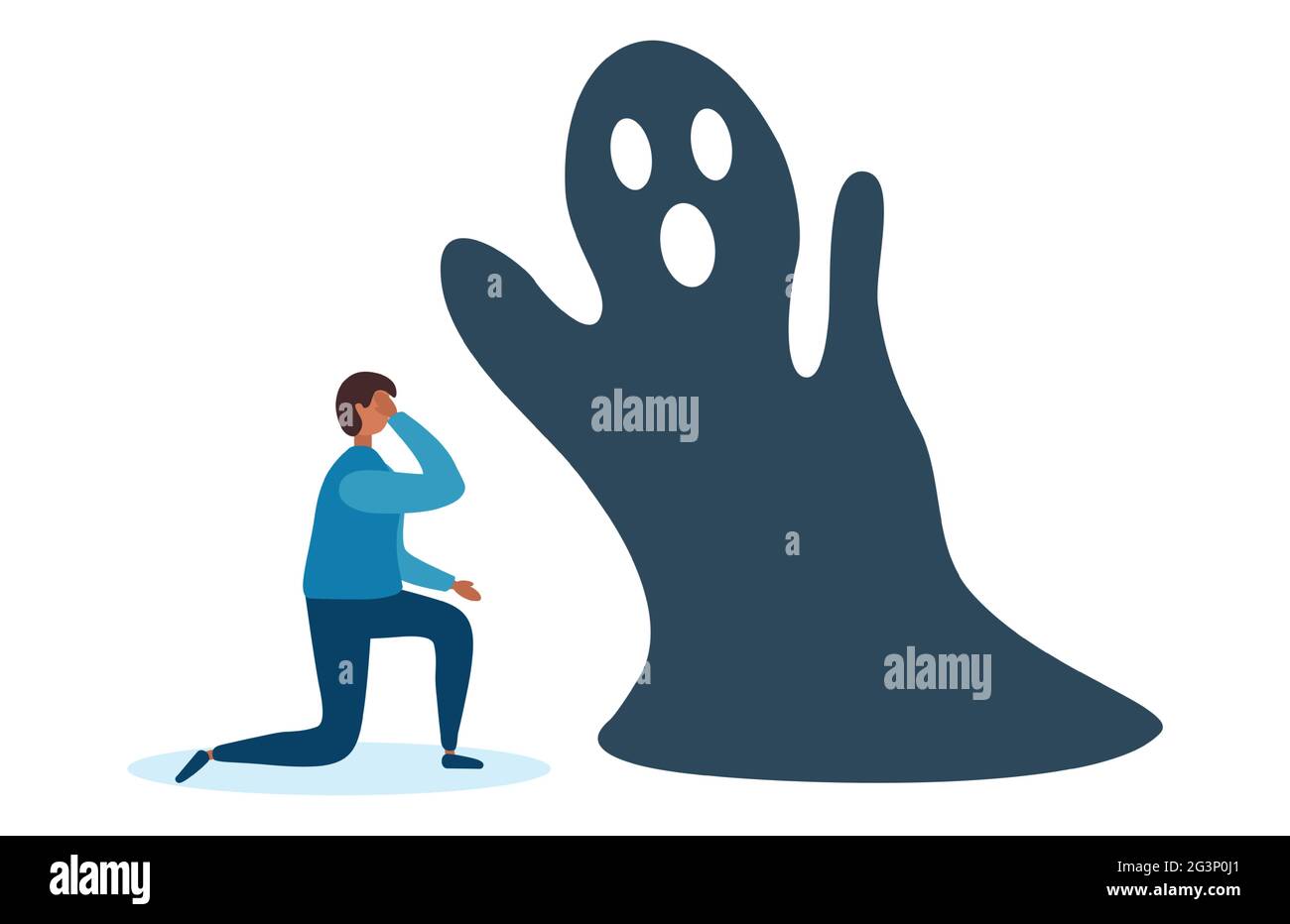 Frightened man in the face of fears. Fear prevents you from moving ...