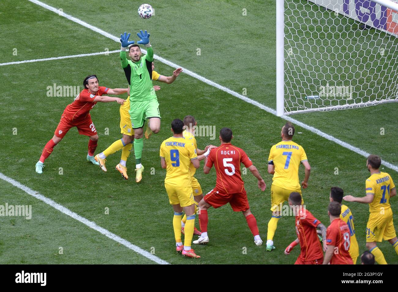 Ukraine goalkeeper Heorhiy Bushchan claims the cross during the UEFA ...