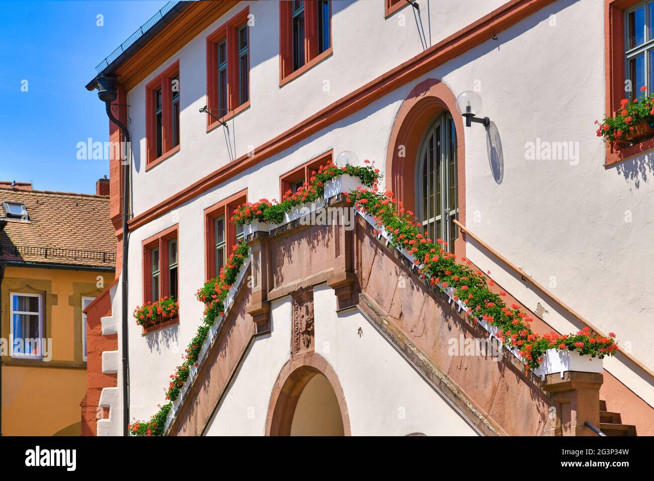 Mosbach, Germany - June 2021: Stairs decorated with flowers of old ...