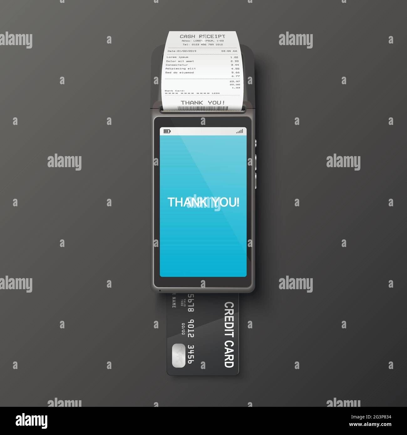 Vector 3d Realistic Payment Machine, Receipt, Plastic Credit Card. POS Terminal, Paper Receipt ...