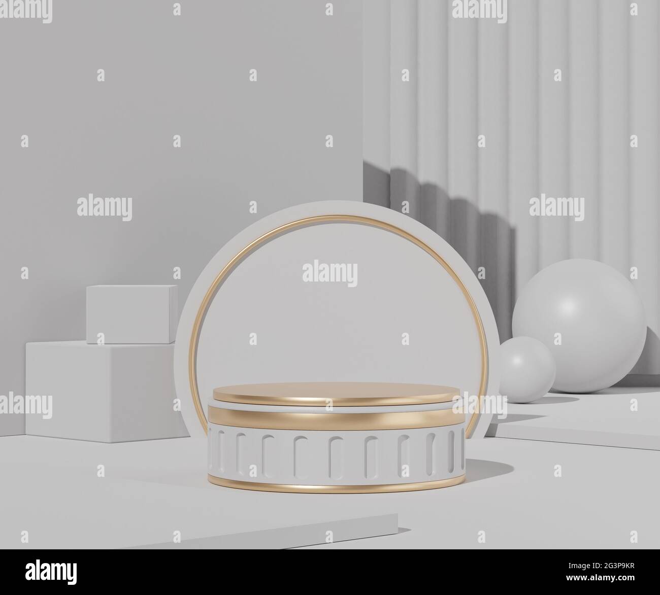 3d rendering of White gold podium with geometric shapes. Fashion show ...