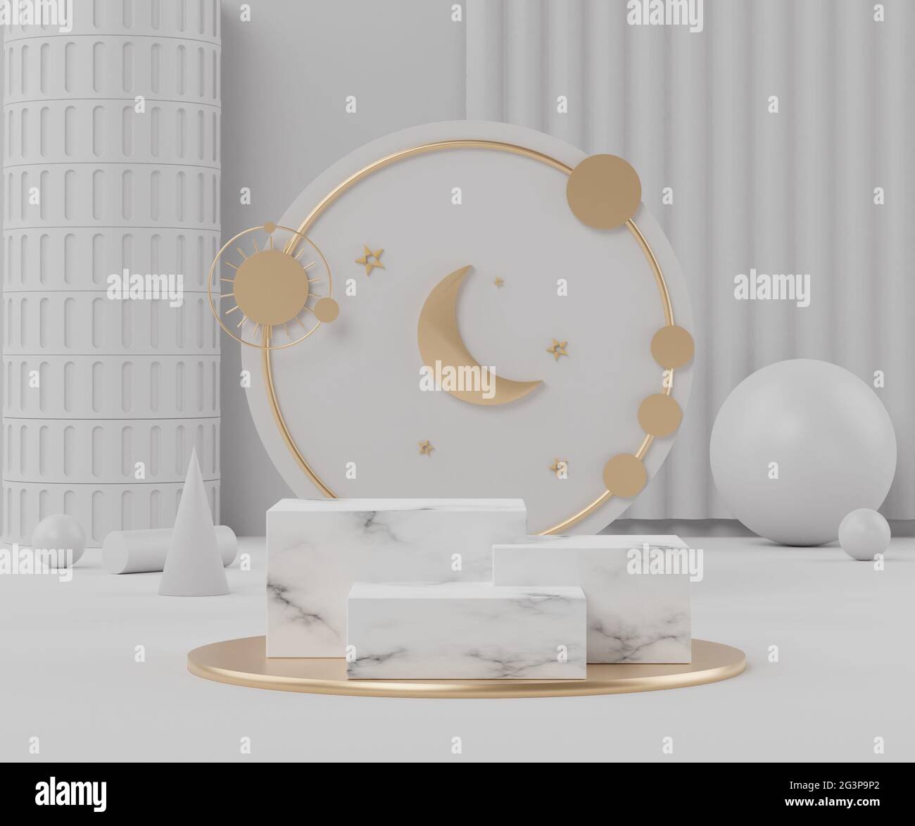 3d rendering of White gold podium with geometric shapes. Fashion show ...