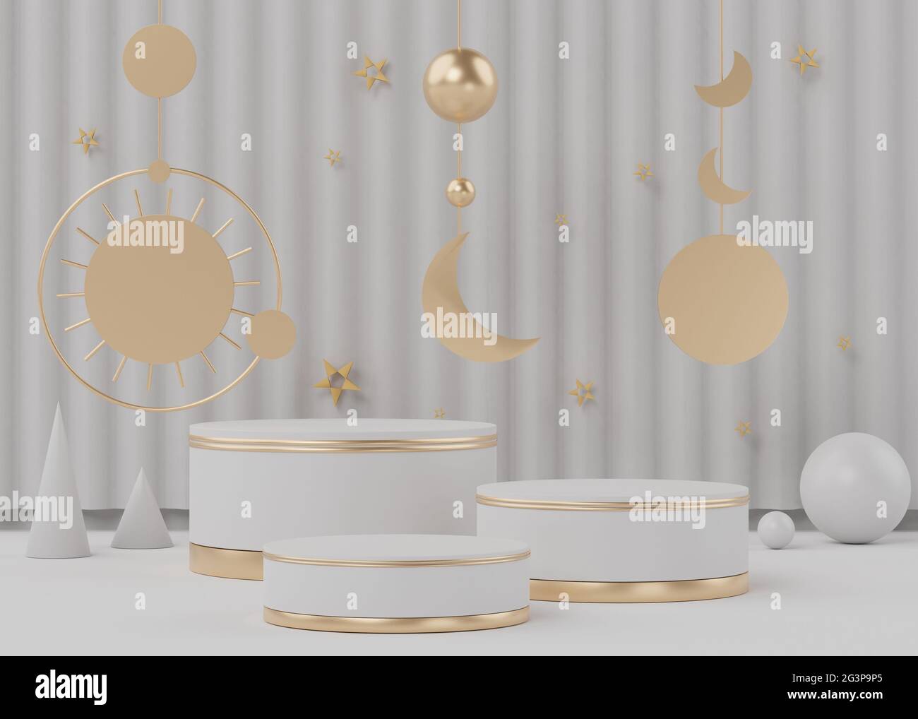 3d rendering of White gold podium with geometric shapes. Fashion show ...