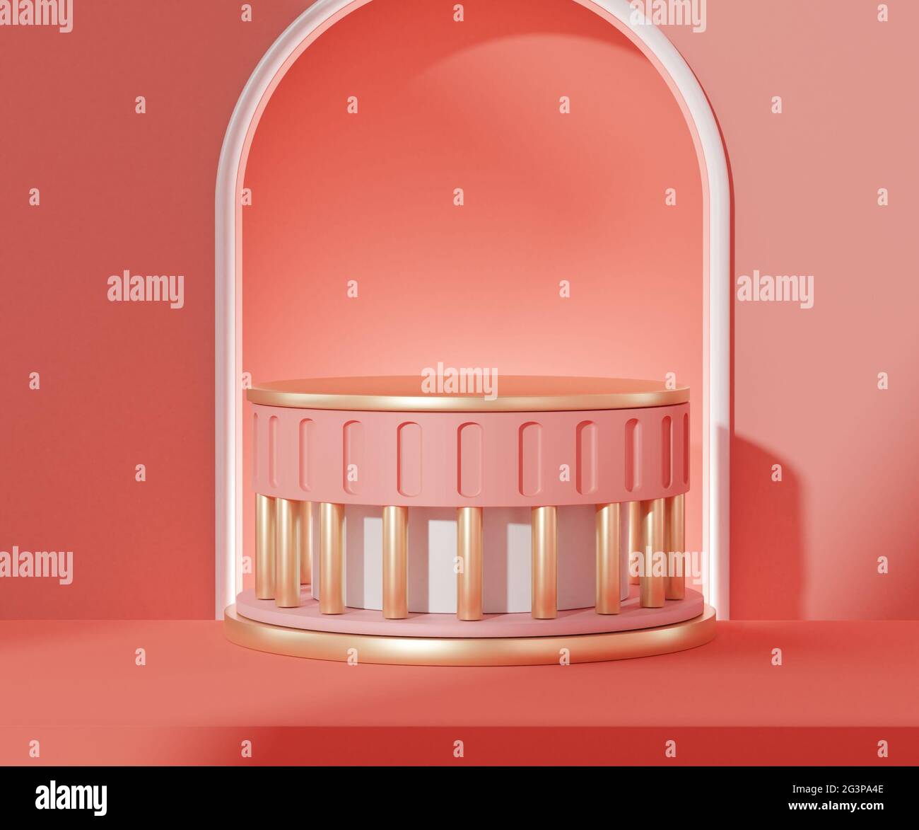 3d geometric forms. Blank podium in coral pink color. Fashion show ...