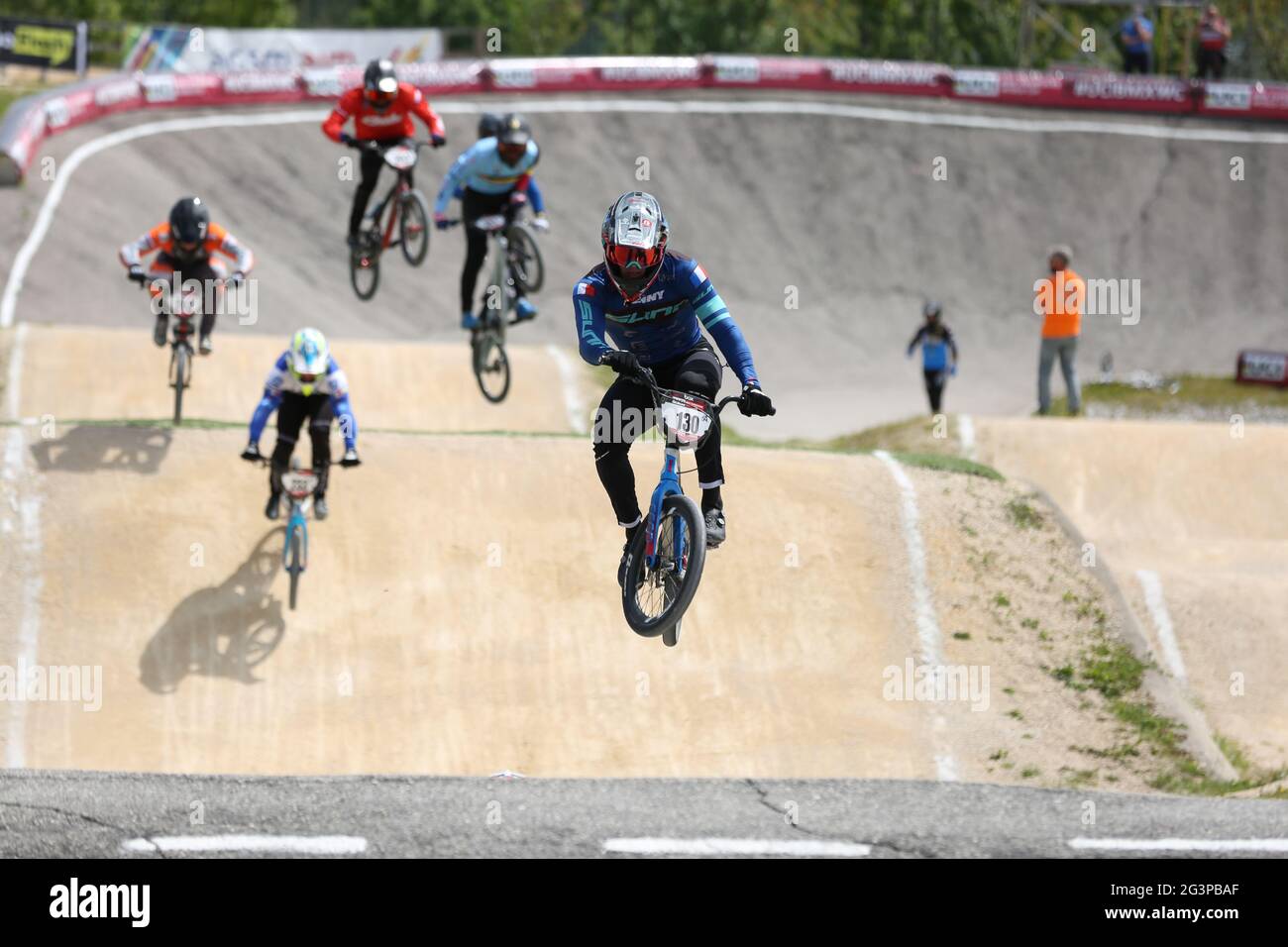 Arthur PILARD of France (130) leads the pack in the UCI BMX Supercross ...