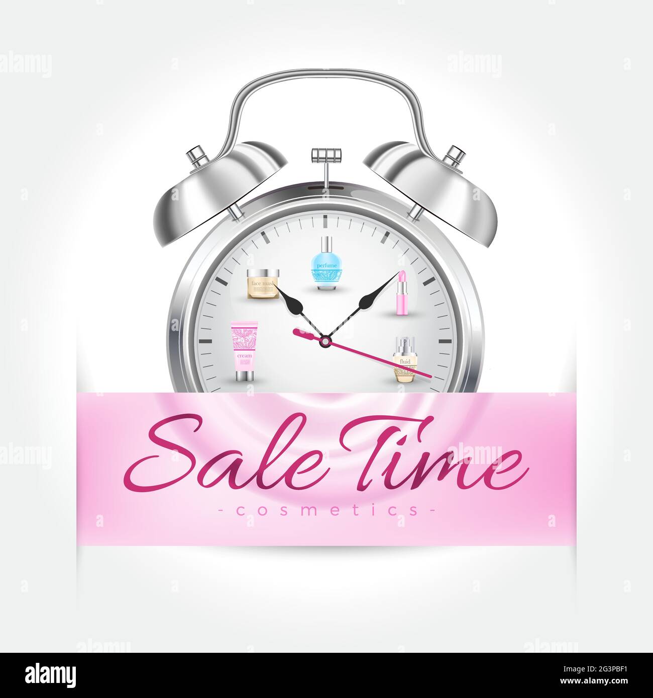 Sale Time Cosmetics concept. Alarm clock with a pink information banner ...