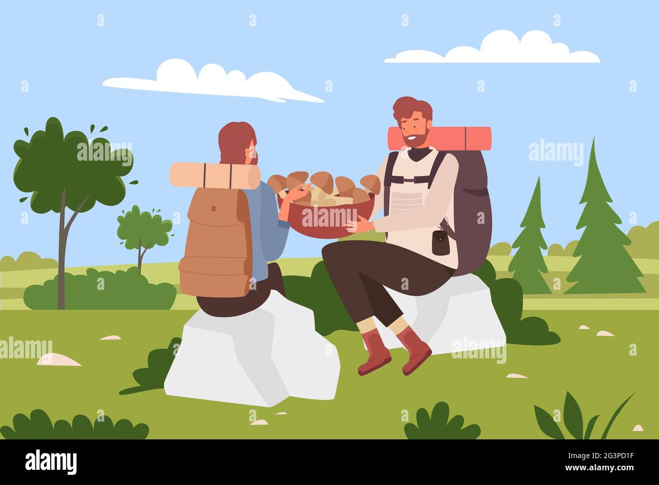 People couple hike, holding bucket of mushrooms vector illustration. Cartoon woman man hiker ...