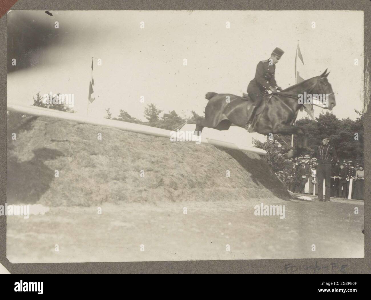 Equestrian scene on royal wood fortress Het Loo: Uniformed rider takes ...